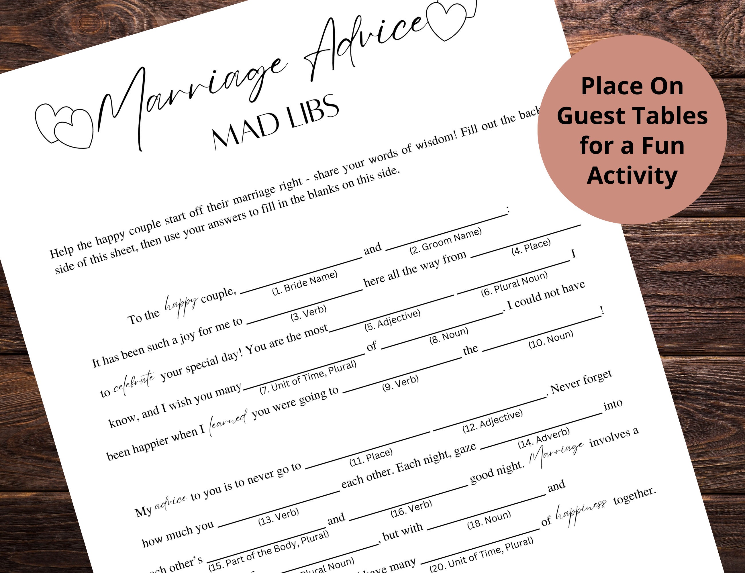 Marriage Advice Mad Libs for Wedding | Wedding Mad Libs | Printable ...