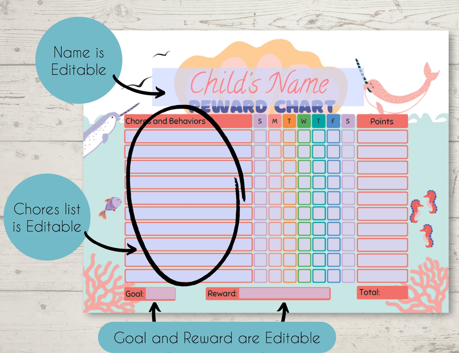 Reward Chart With Under the Sea Theme | Editable Chore Chart for Kids ...