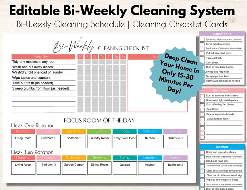Editable Bi-weekly Cleaning Schedule Printable With Cleaning Checklist ...