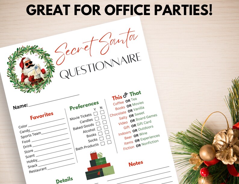 Secret Santa Questionnaire Printable Christmas Gift Ideas - Etsy