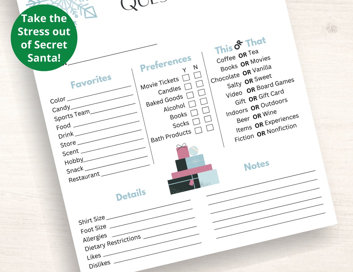 Secret Snowflake Questionnaire Printable | Secret Santa Christmas Gift ...