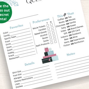 Secret Snowflake Questionnaire Printable | Secret Santa Christmas Gift ...