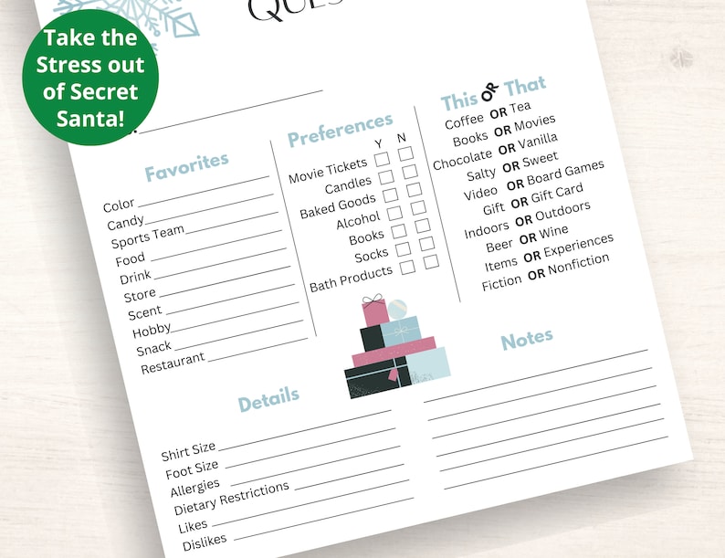 Secret Snowflake Questionnaire Printable | Secret Santa Christmas Gift ...