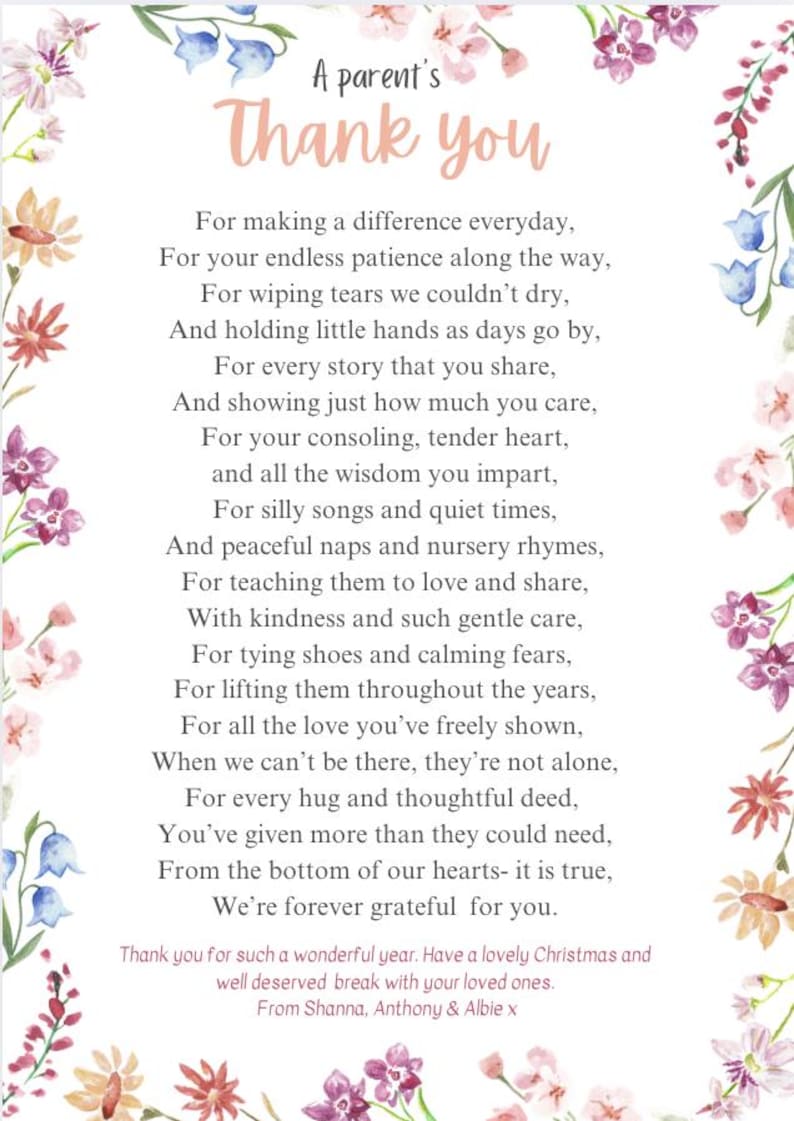 A Parents Thank You Printable Nursery Teachers Teaching Teacher's Day ...