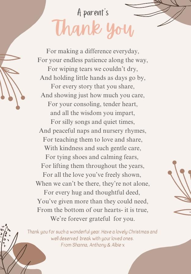 A Parents Thank You Printable Nursery Teachers Teaching Teacher's Day ...