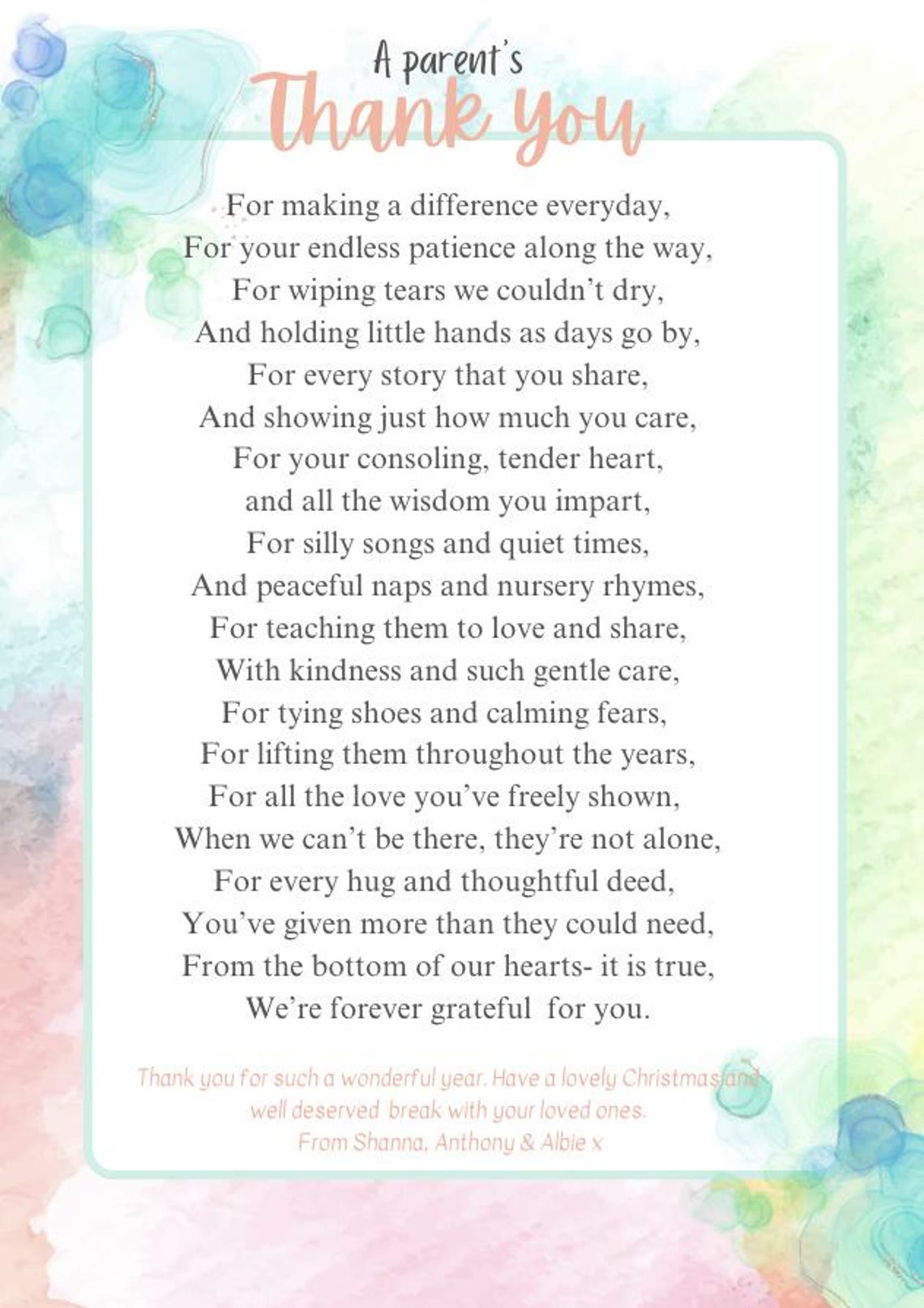 A Parents Thank You Printable Nursery Teachers Teaching Teacher's Day ...