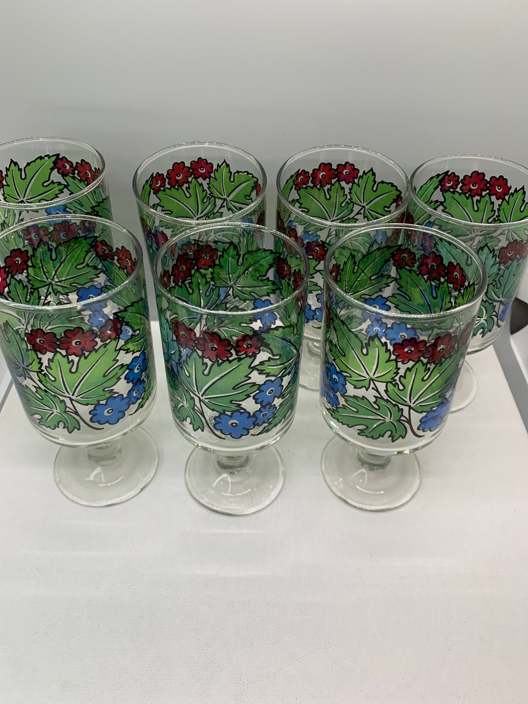 Vintage Libbey Glassware Tiffany Foliage Set Of 7 Cocktail Glasses Etsy
