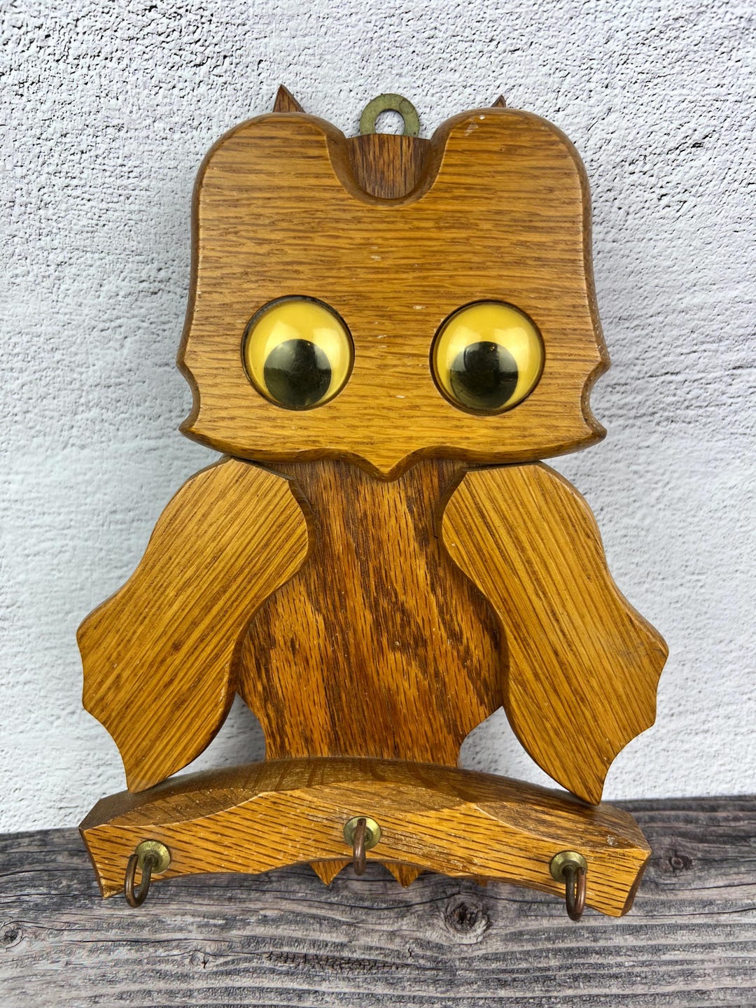 Vintage Wooden Owl Key Holder Wall Hanging With Googly Eyes, Mid ...