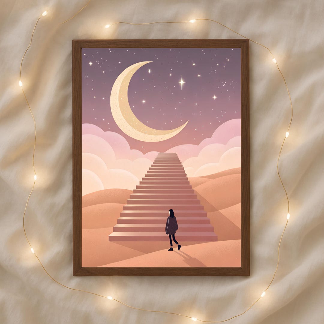 Moon Stairway Wall Art – Dreamcore Celestial Print, Pink Clouds ...