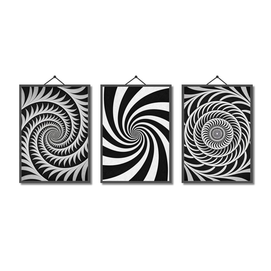Optical Illusion Wall Art Set – Spiral Trippy Black and White Abstract ...