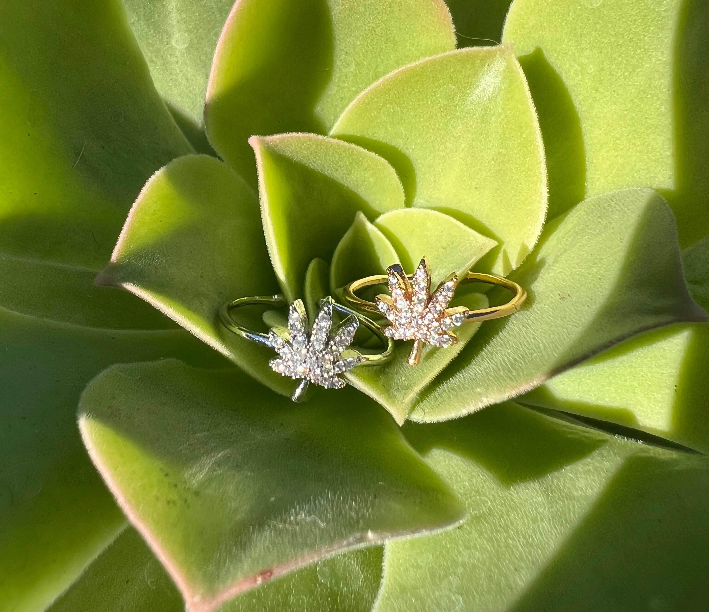 Stackable 14k Gold Dipped Handmade CZ Studded Cannabis Ring Size 6 Gold ...