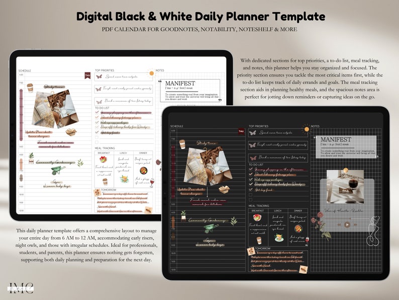 Black and White Undated Daily Planner Template for Goodnotes ...