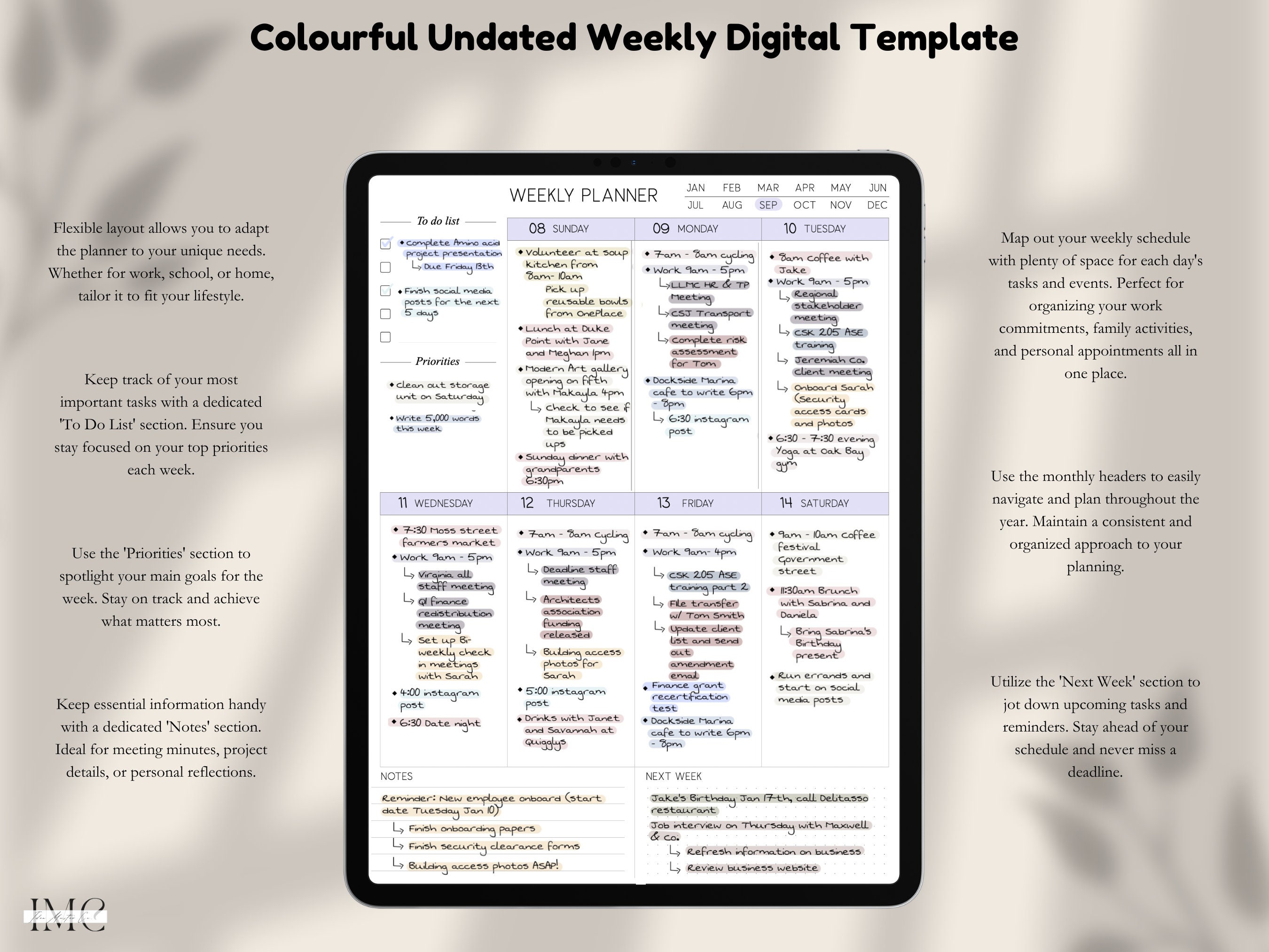 Undated Weekly Digital Planner Template for Tablet Goodnotes Penly ...