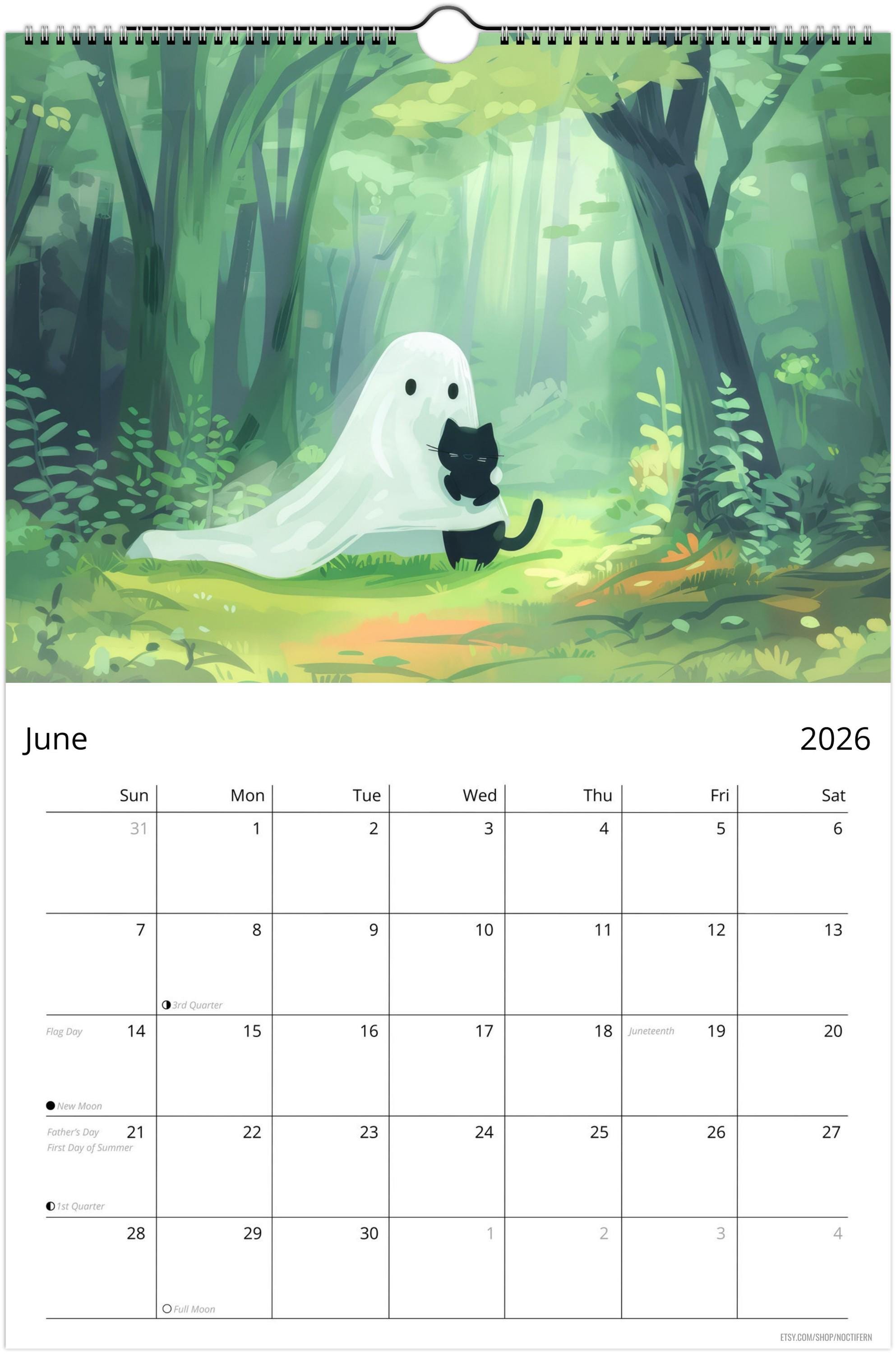 2026 Ghost Calendar, Monthly Wall Calendar, 2026 Spooky Calendar, Cute ...
