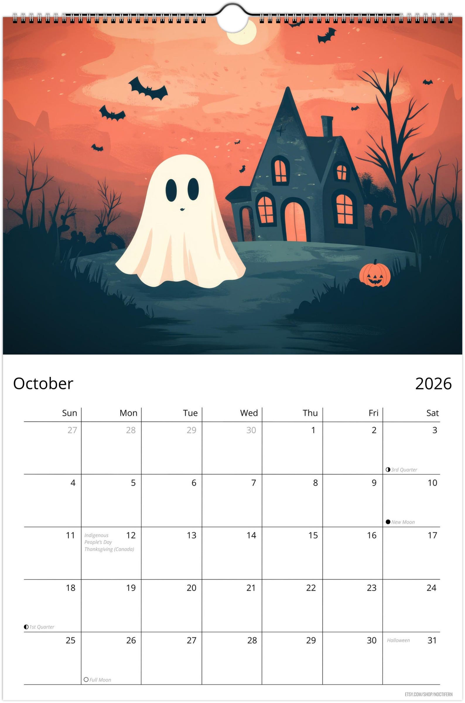 2026 Ghost Calendar, Monthly Wall Calendar, 2026 Spooky Calendar, Cute ...