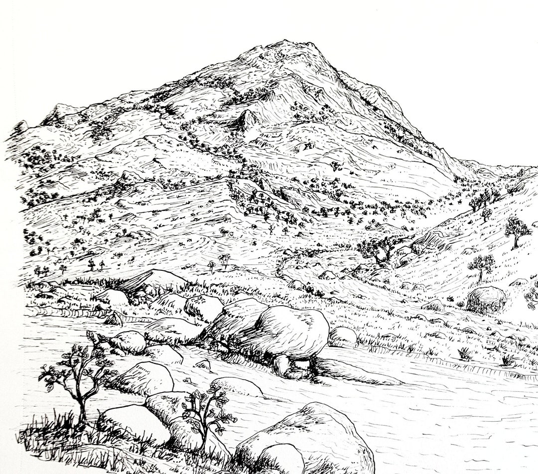 Mountain Landscape Ink Drawing - Etsy