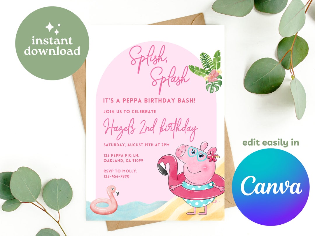 Peppa Pig Pool Party Birthday Invitation, Watercolor Peppa Pig Invite ...