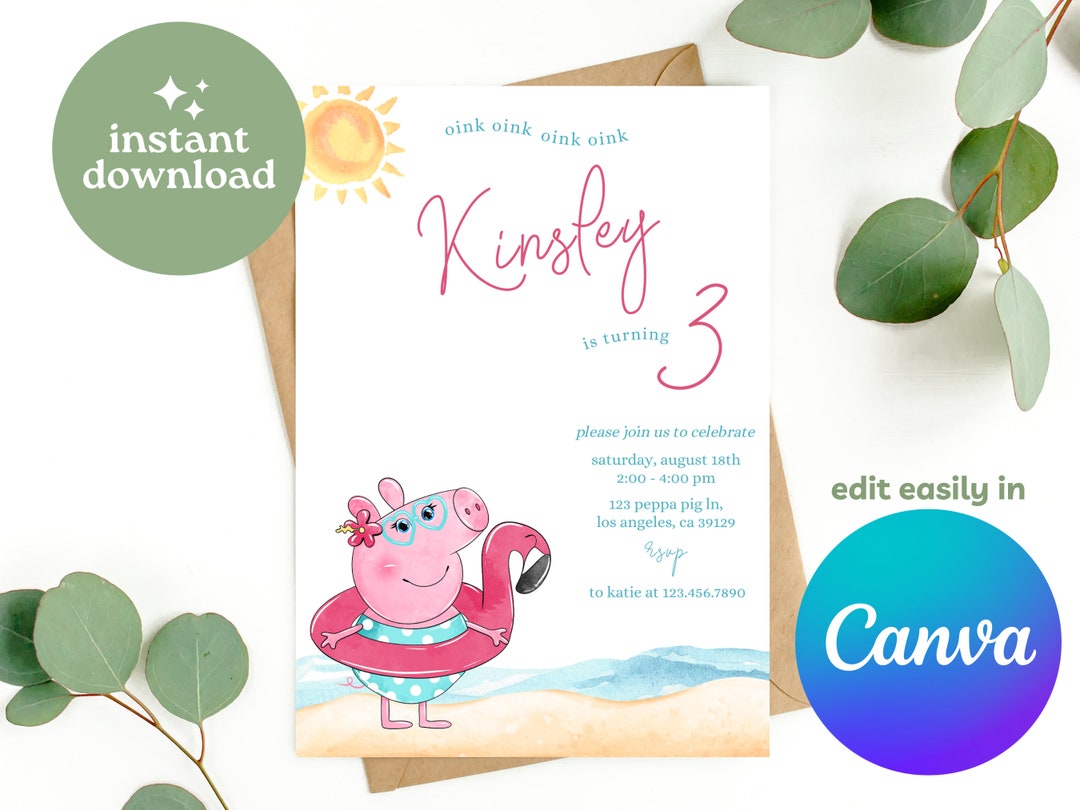 Summer Peppa Pig Birthday Invitation, Watercolor Peppa Pig Invitation ...