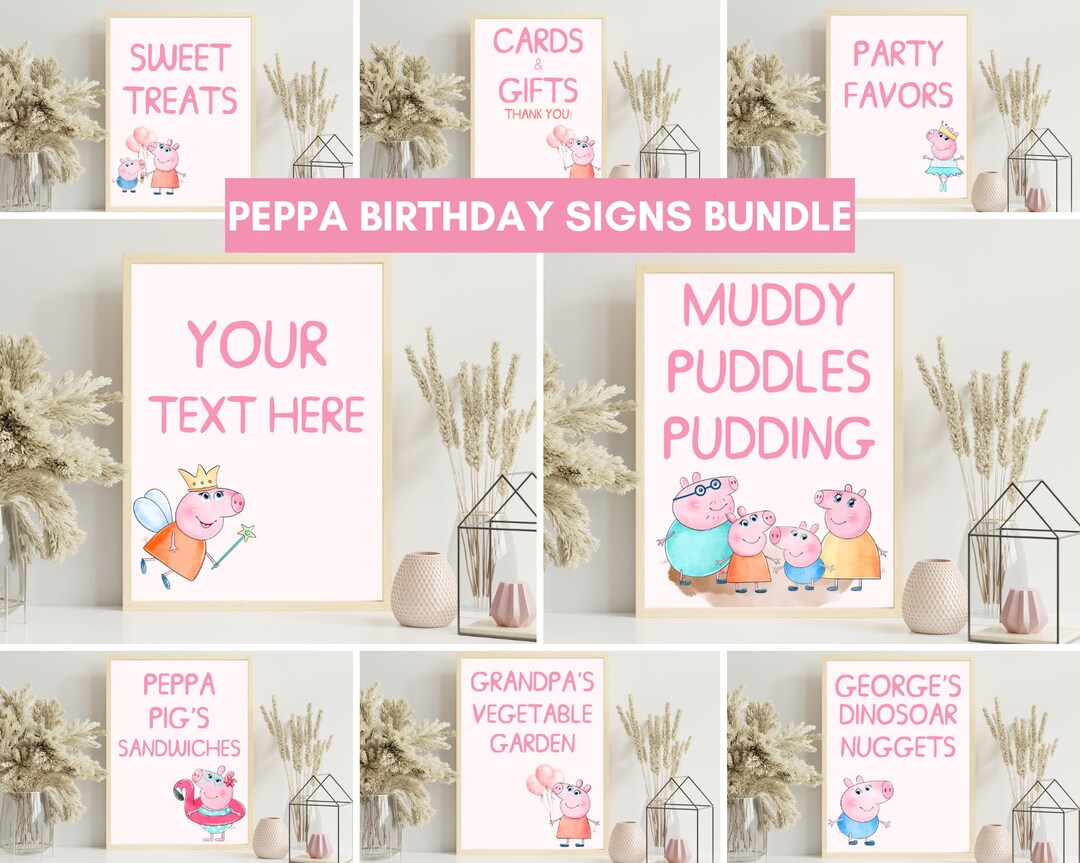 Modern Peppa Pig Birthday Signs, Watercolor Peppa Pig Decor Food Poster ...