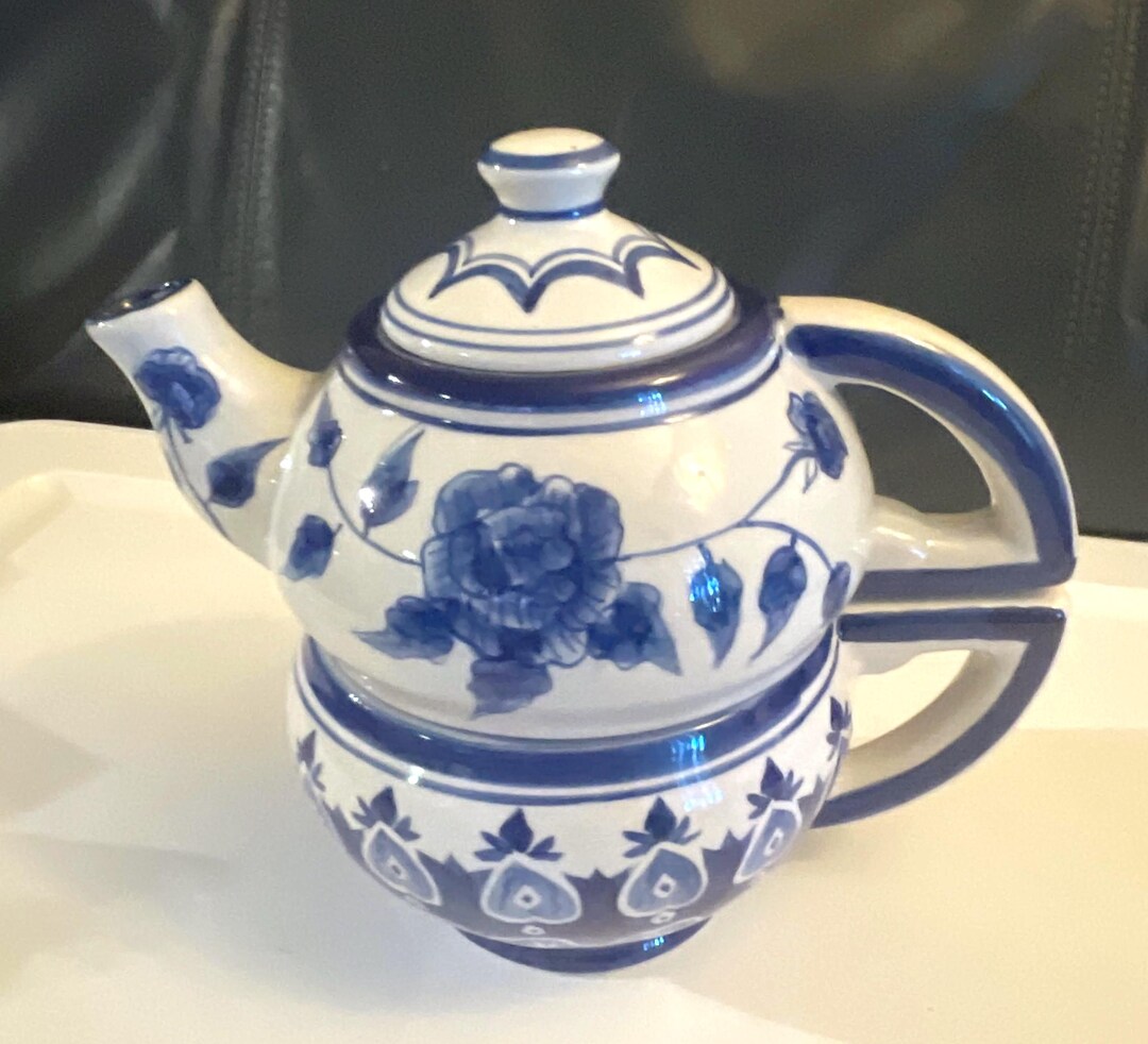 Bella Casa Blue and White Floral Ceramic Tea for One Stackable Teapot ...