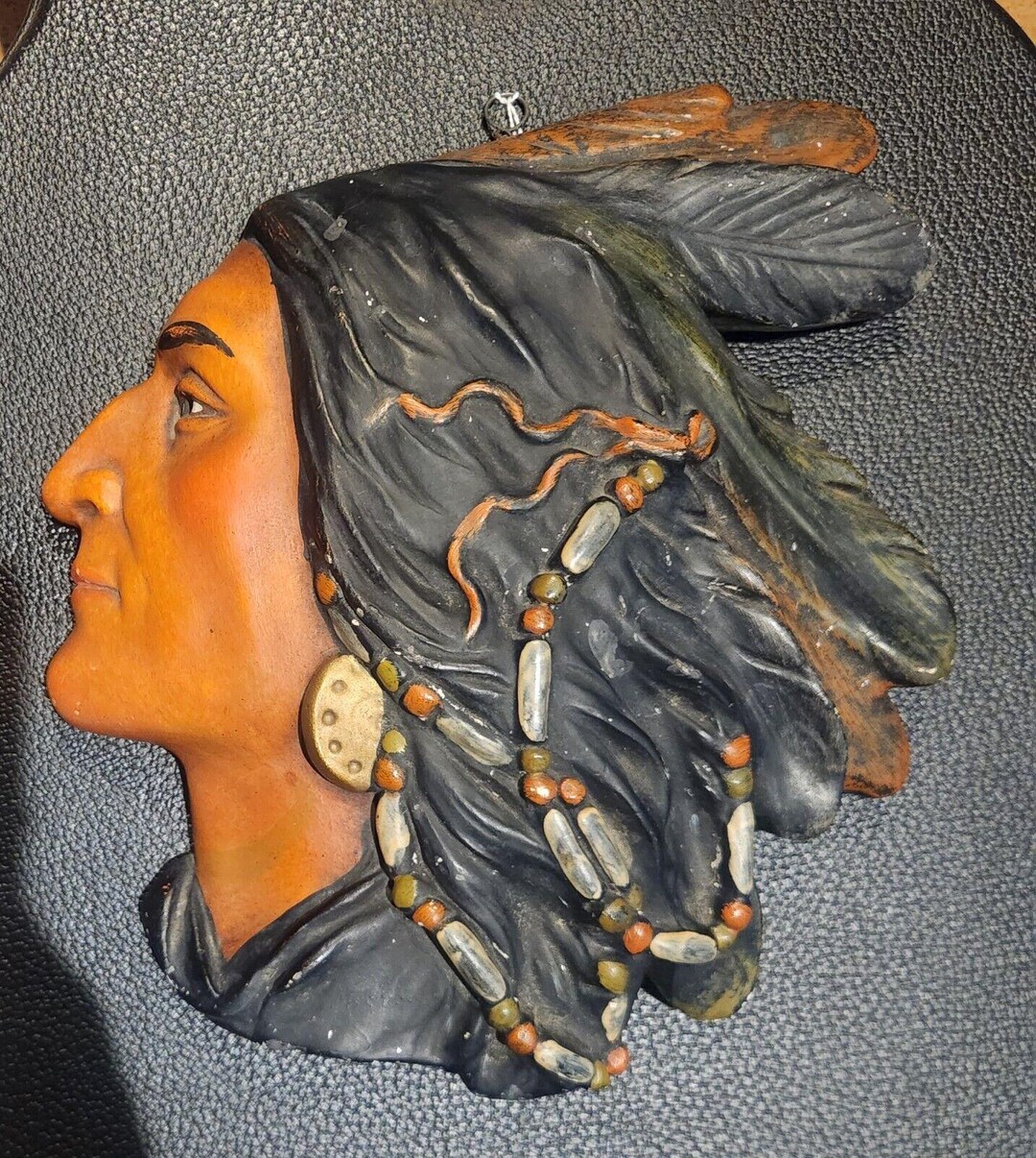 Antique Indian Head Plaster Painted Native American Wall Hanging ...
