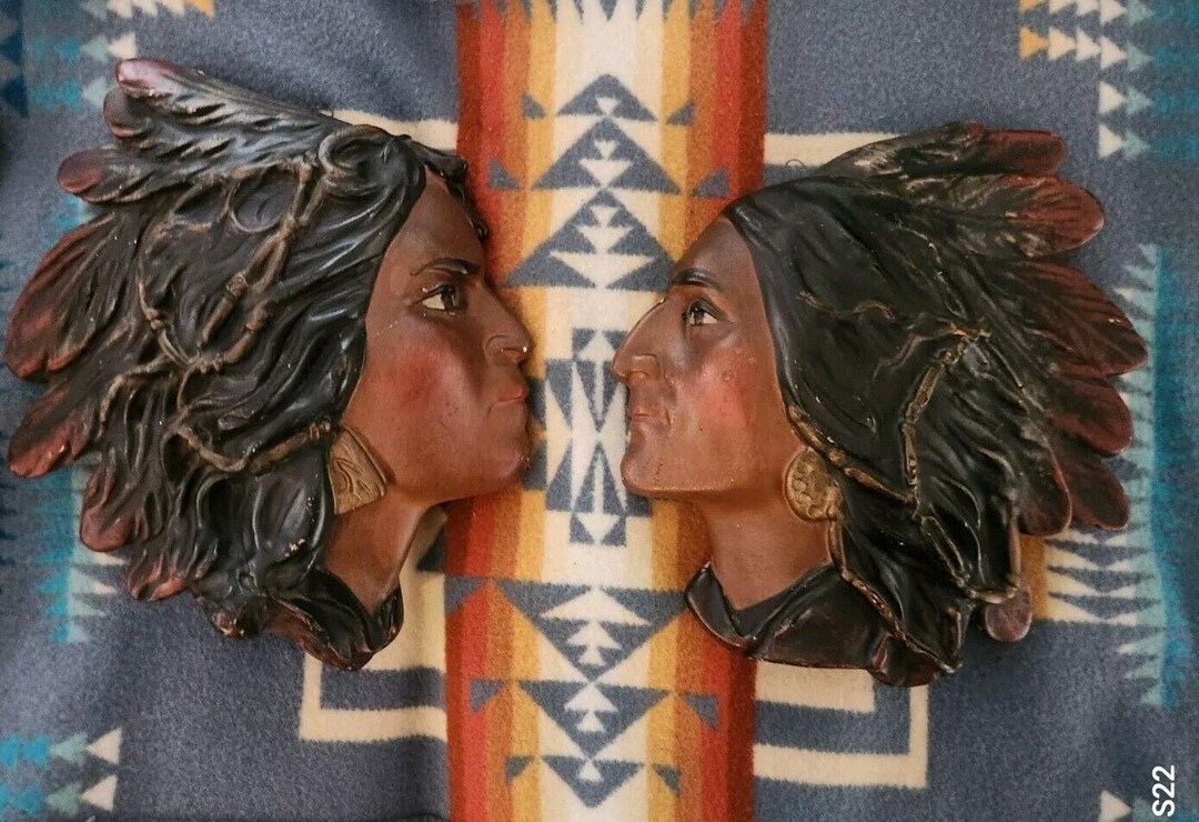 2 Antique NATIVE American Indian CHIEF & PRINCESS Chalkware Plaque ...
