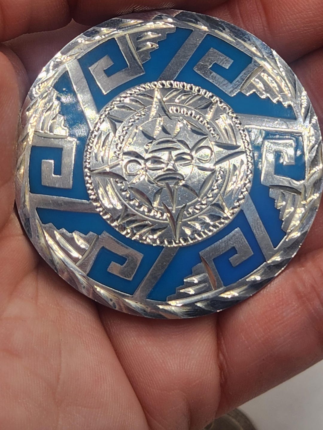 Vintage Silver Etched Mayan Aztec Sun Face Design Round Circle Solid ...