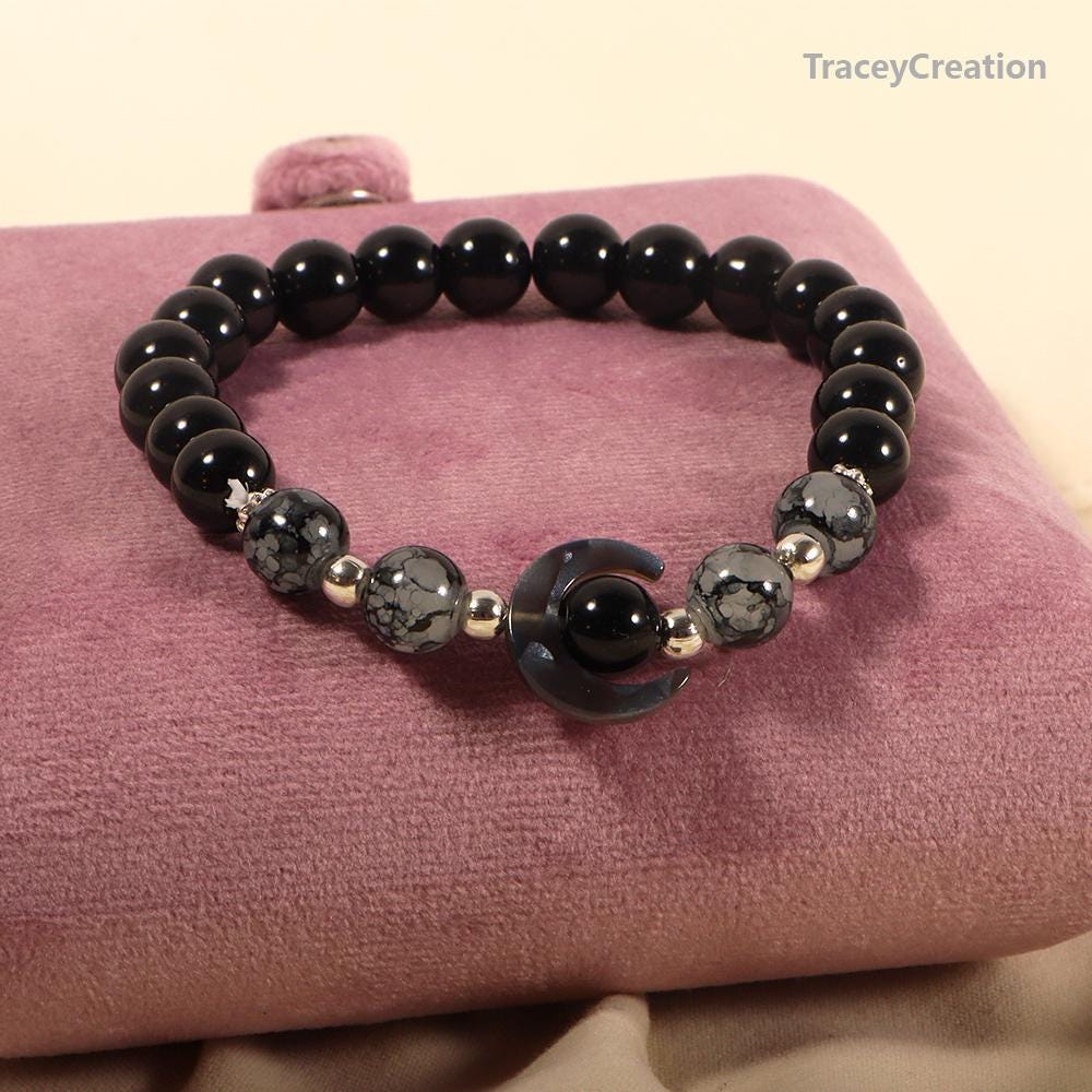 Black Moonlight Crystal Bracelet, Moon Bead Bracelet, Gift for Women - Etsy