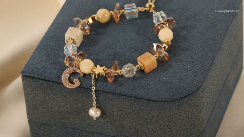 Crystal Beaded Bracelet: 18K Gold, Moon Charm, Adjustable - Etsy