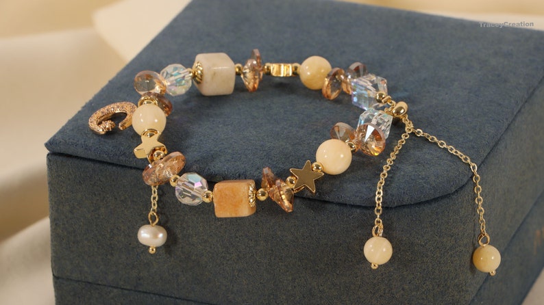 Crystal Beaded Bracelet: 18K Gold, Moon Charm, Adjustable - Etsy