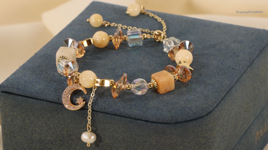Crystal Beaded Bracelet: 18K Gold, Moon Charm, Adjustable - Etsy