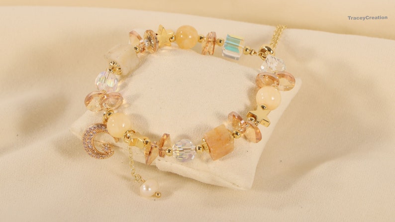 Crystal Beaded Bracelet: 18K Gold, Moon Charm, Adjustable - Etsy
