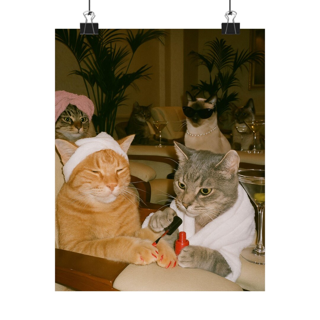 Spa Day Cats - Fun Cat Wall Art Cats in Robes, Nail Polish Cocktails ...