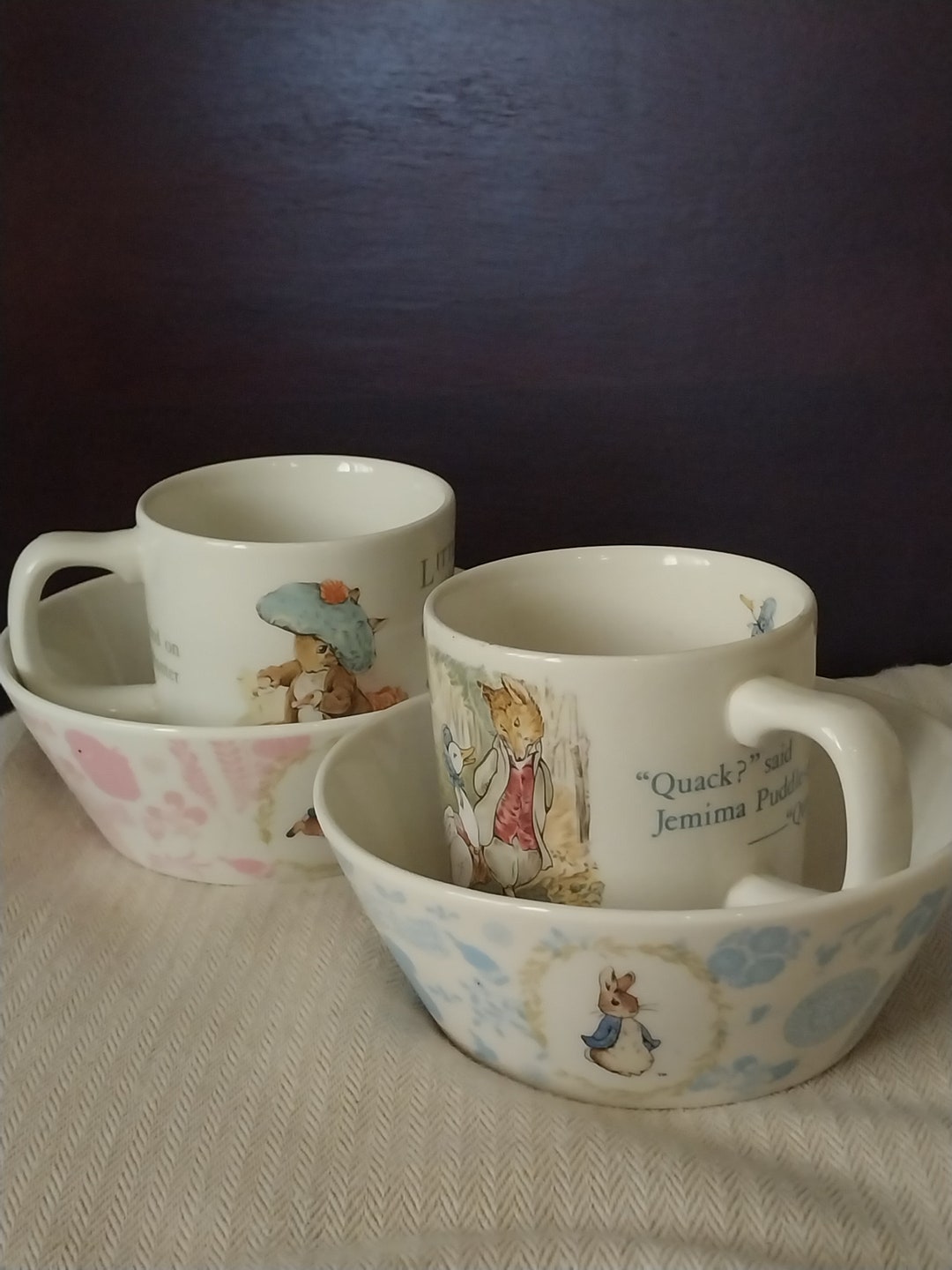 FOUR: 1987 Wedgwood Beatrix Potter Mugs + Peter Rabbit Bowls; New ...