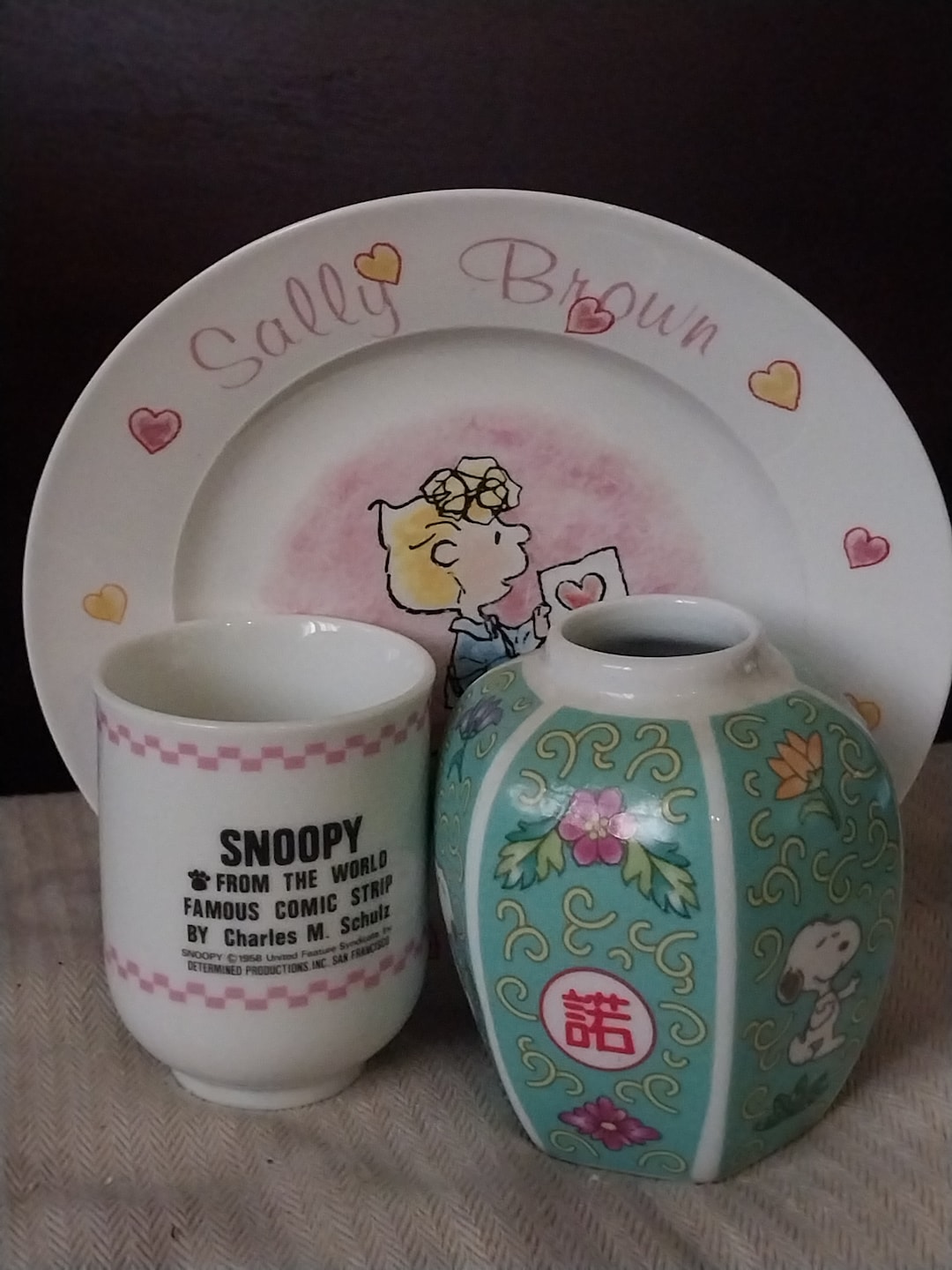 THREE: 1968 Snoopy Tea Cup Vase Sally Brown Plate Vintage New - Etsy