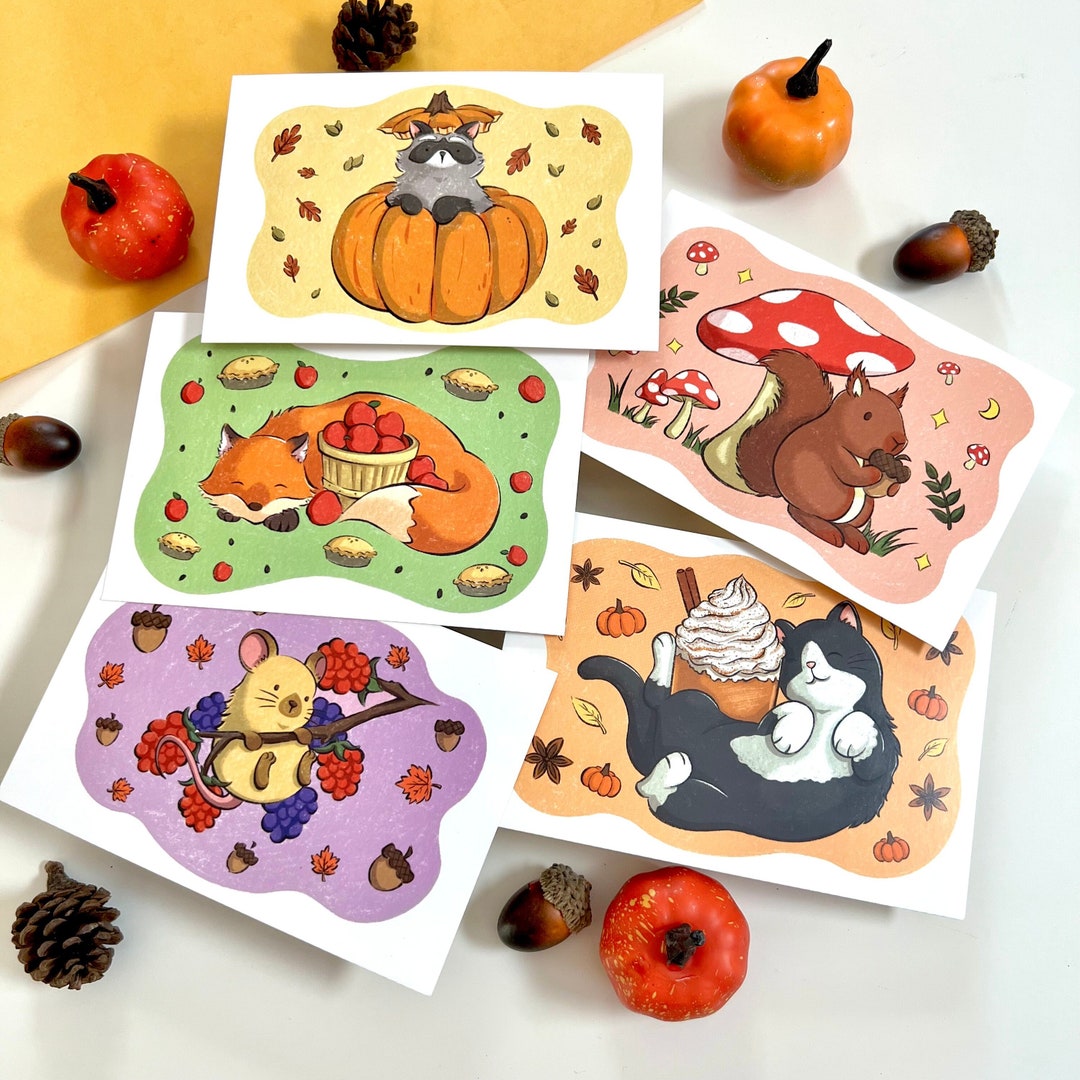 Cute Autumn Animal Postcards & Mini Prints | 4x6 Postcard Set | Animal ...
