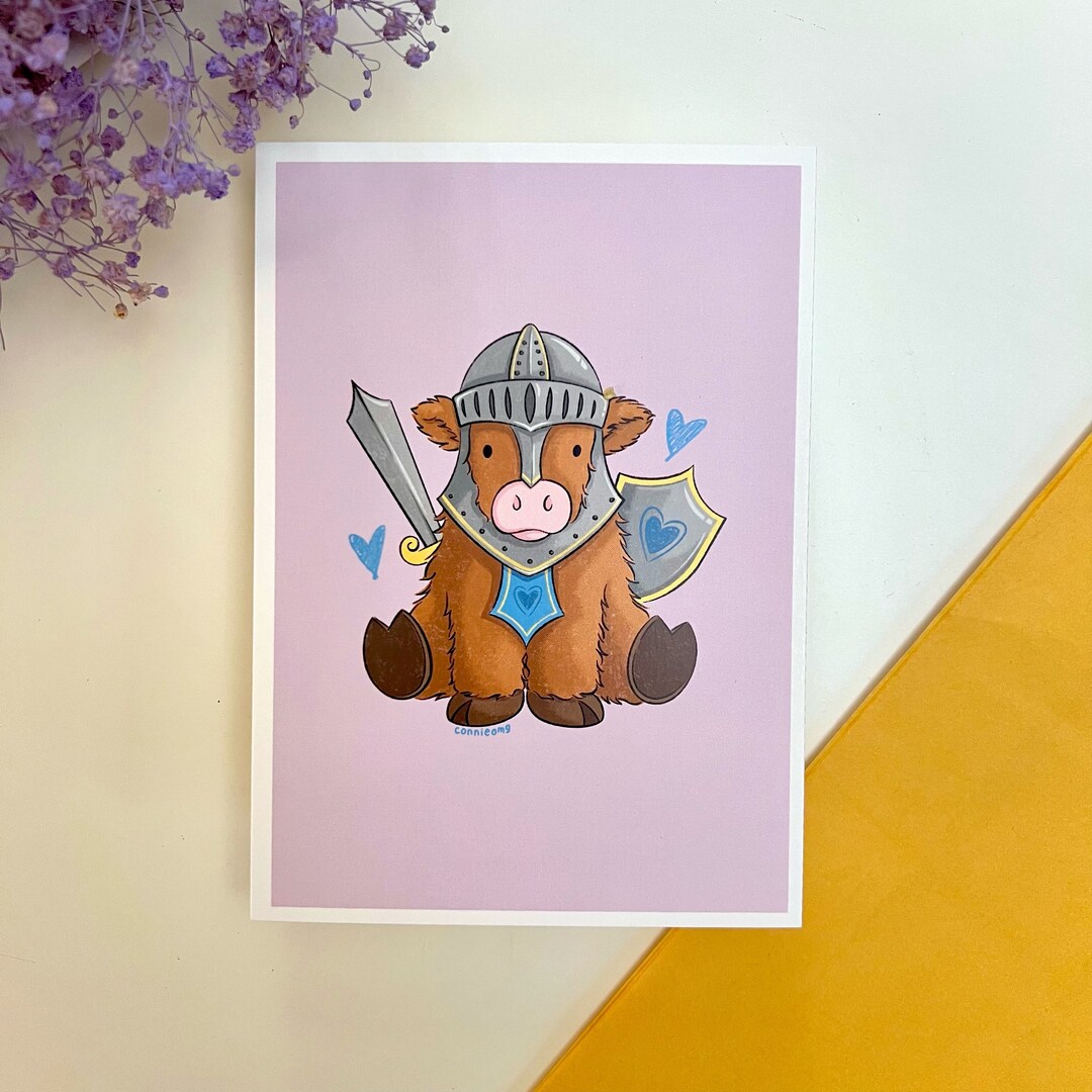 Cute Knight Cow Sir Loin Art Print 5x7 Art Print Hand Drawn ...
