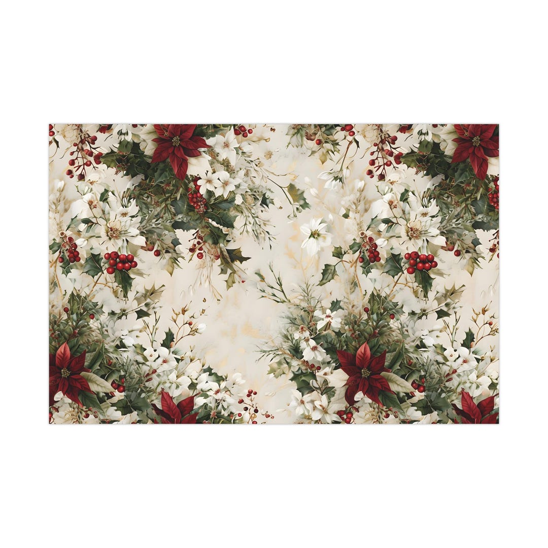 Elegant Christmas Wrapping Paper Red Poinsettias, White Flowers & Holly ...