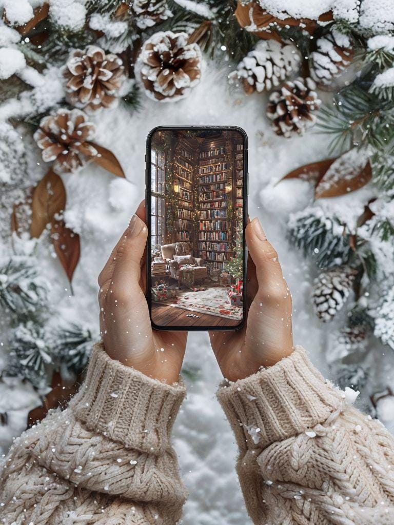 Cozy Christmas Library, Winter Phone Wallpaper - Etsy