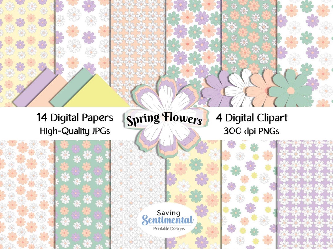 Flower Clipart and Spring Flowers Background Paper, Digital Download ...