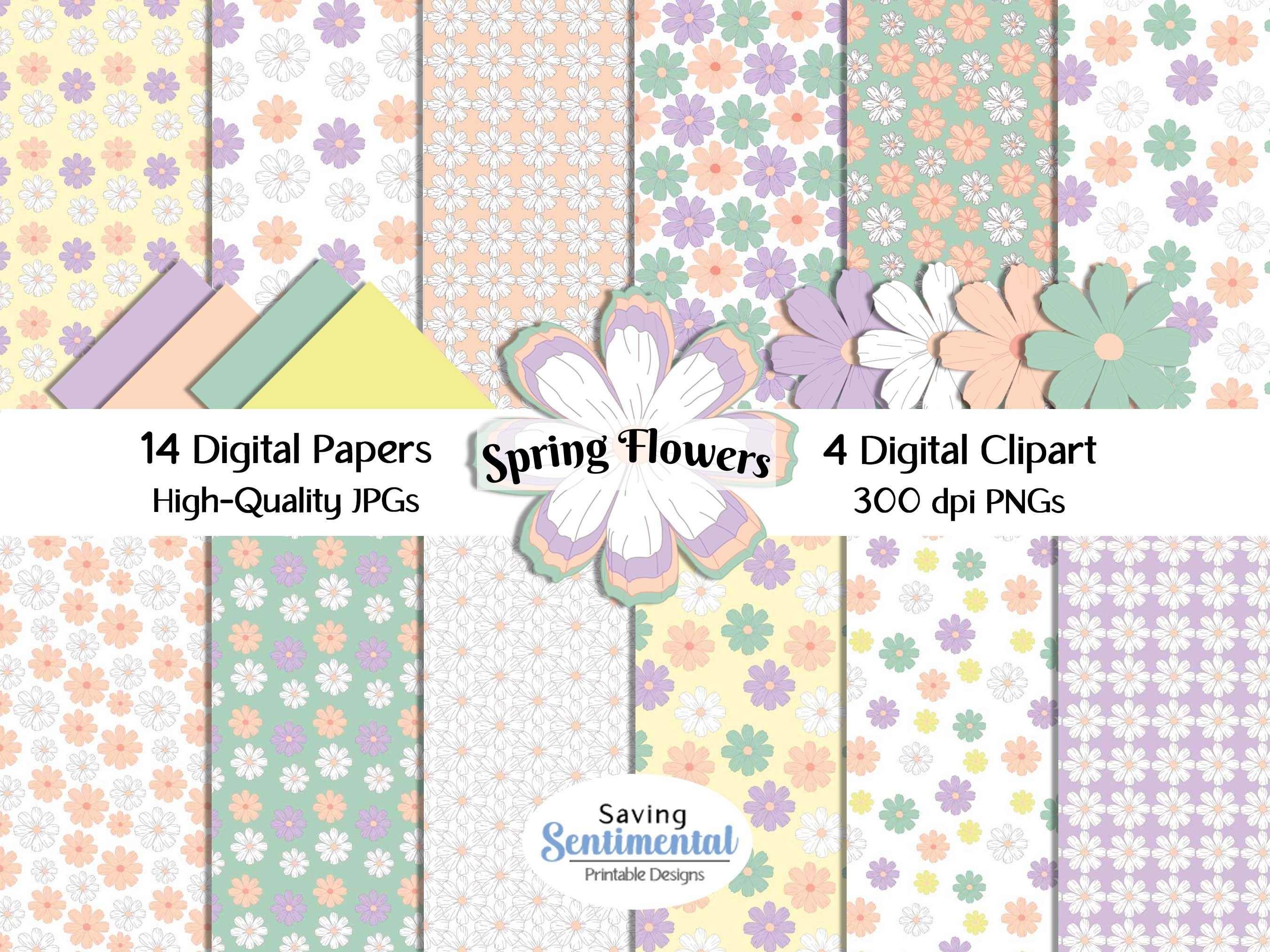 Flower Clipart and Spring Flowers Background Paper, Digital Download ...