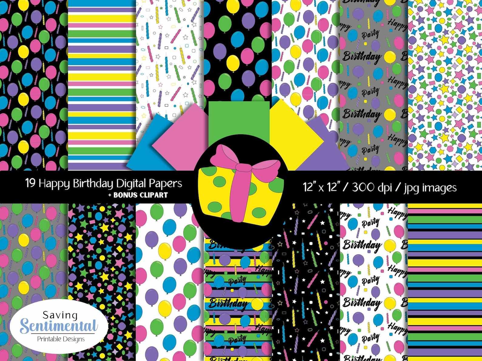 Birthday Papers and Balloon Clipart With Colorful Birthday - Etsy
