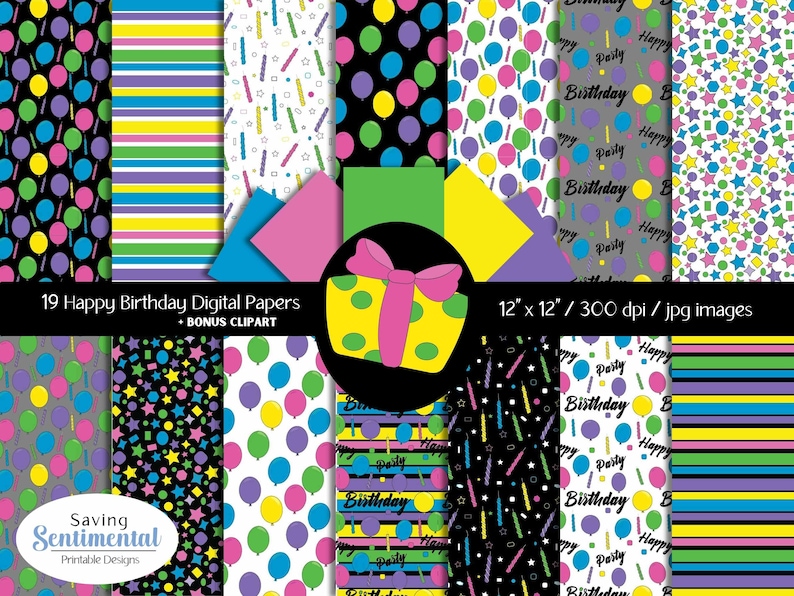 Birthday Papers and Balloon Clipart, With Colorful Birthday Patterns ...