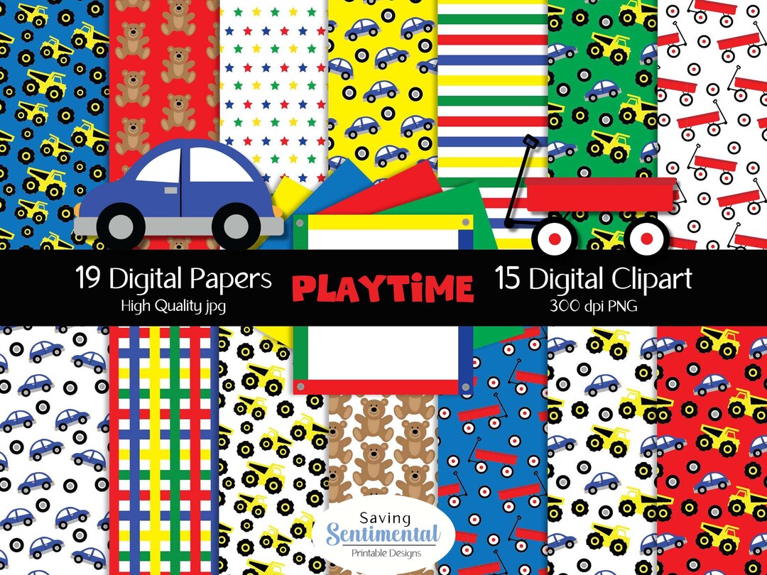 Cars Digital Paper, Toys Clipart, With Teddy Bear Clipart Car Clipart ...