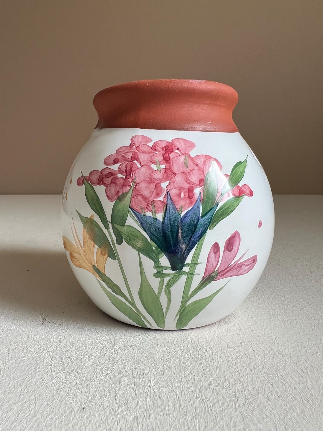 1992 Hand-dipped Spherical Terracotta Vase With Colorful Hand Painted ...