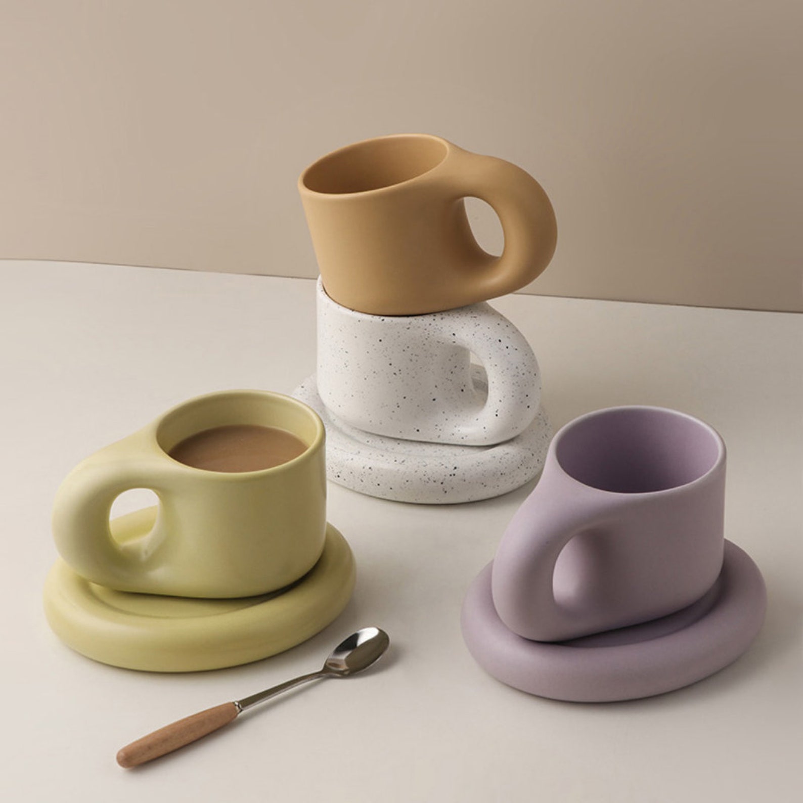 Ceramic Coffee Mug & Saucer Set, Aesthetic Mug With Handle for Office ...
