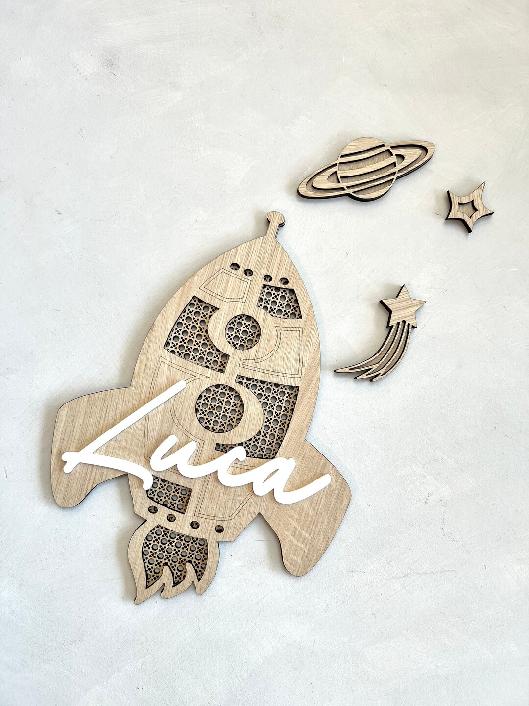 Birch or Oak Rocket Name Sign With Rattan Effect, Space Theme Decor ...