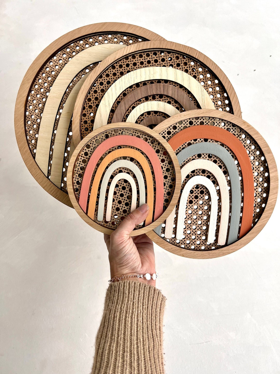 Oak Scandi-boho Rainbow With Rattan Effect Wall Decor, Personalised ...