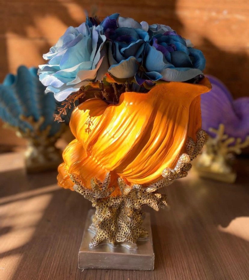 Seashell Vase: Antique Oyster Shell, Blue & Gold Ceramic Vase - Etsy