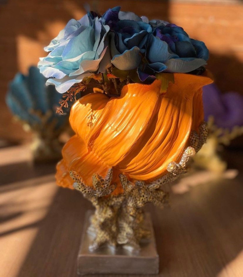 Seashell Vase: Antique Oyster Shell, Blue & Gold Ceramic Vase - Etsy